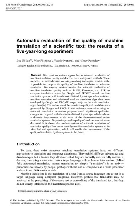 Pdf Automatic Evaluation Of The Quality Of Machine Translation Of A Scientific Text The