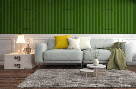 عکس اتاق نشیمن با دیوار سبز و مبل خاکستری با کوسن های سفید و زرد روی آن