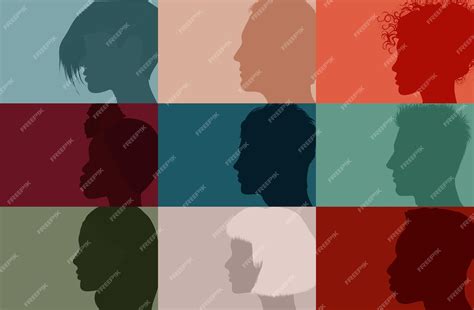 콜라주 커뮤니티 다양성 다문화 사람들 다양한 문화의 그룹 측면 실루엣 사람들 프리미엄 벡터