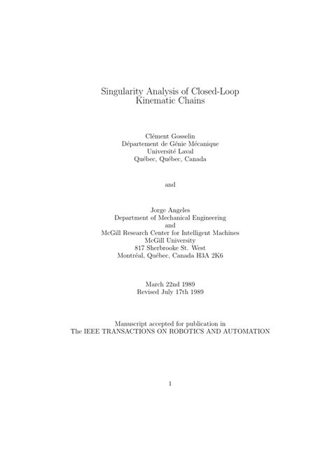 Pdf Singularity Analysis Of Closed Loop Kinematic Chains