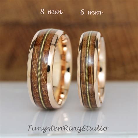 Whiskey Barrel Guitar String Rose Gold Tungsten Wedding Ring Set Match
