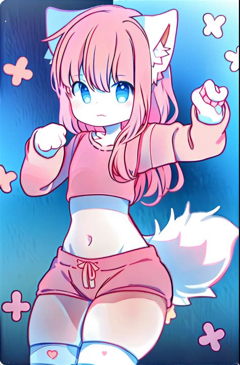 Anime Boy With A Pink Shirt Half Nude And A Pink Cat Fursona