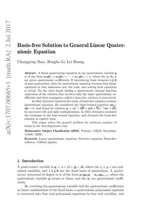 Pdf Basis Free Solution To General Linear Quaternionic Equation