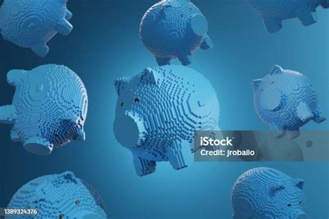 큐브로 만든 파란색 돼지 저금통 3d 그림 디지털 생성 이미지에 대한 스톡 사진 및 기타 이미지 디지털 생성 이미지 블럭