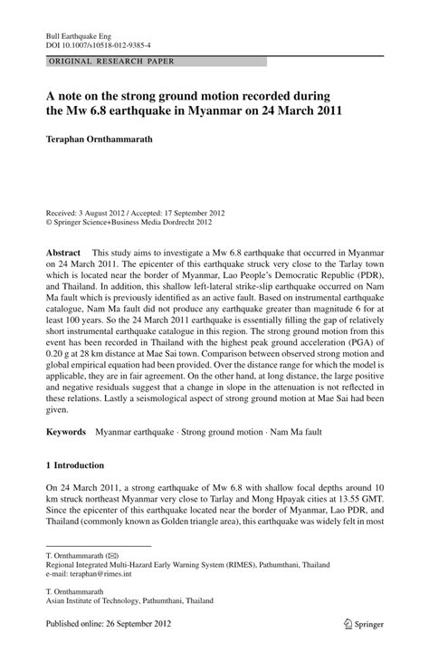 Pdf A Note On The Strong Ground Motion Recorded During The Mw 6 8 Earthquake In Myanmar On 24