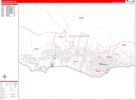 Santa Barbara California Zip Code Wall Map Red Line Style By