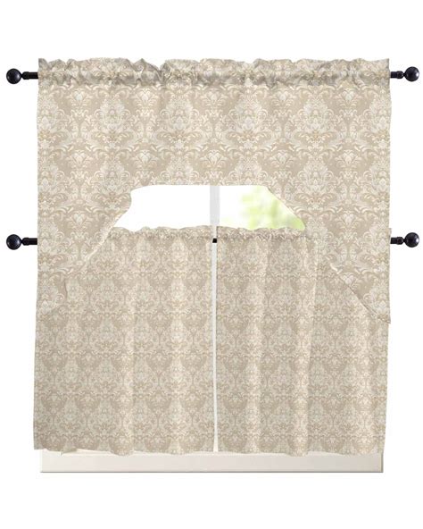 Beige Baroque Kitchen Curtains Swag Valance And Tier Curtains Set 36 Inch Length Retro