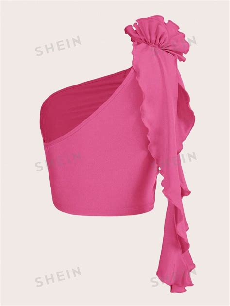 Shein Icon 3d Rosette One Shoulder Ruffle Trim Ruched Side Crop Top