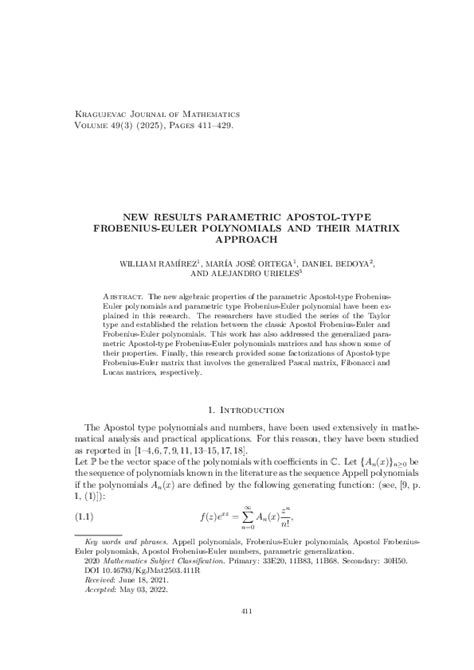 Pdf New Results Parametric Apostol Type Frobenius Euler Polynomials And Their Matrix Approach