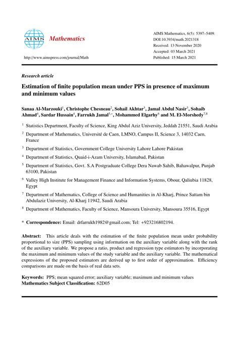 Pdf Estimation Of Finite Population Mean Under Pps In Presence Of Maximum And Minimum Values