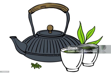 찻주전자와 컵 벡터 그림입니다 유기농 녹차 말차 찻잎 전통 컵 일본 의식 도구 다도 건강 음료 0명에 대한 스톡 벡터 아트 및