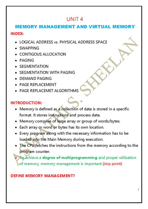 UNIT Updated OS Unit UNIT MEMORY MANAGEMENT AND VIRTUAL MEMORY INDEX LOGICAL ADDRESS