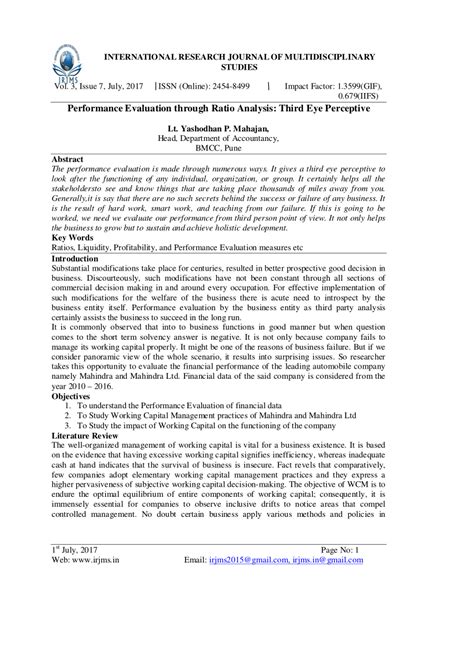 Pdf Performance Evaluation Through Ratio Analysis Third Eye Perceptive
