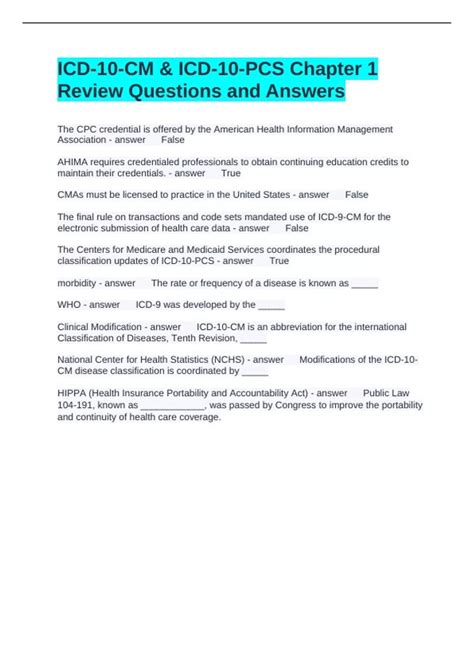 Icd 10 Cm And Icd 10 Pcs Chapter 1 Review Questions And Answers Pcss