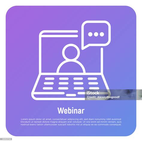 온라인 웨비나 세미나 트레이닝 씬 라인 아이콘 음성 거품화면에 노트북과 남자를 엽니 다 집에서 일하십시오 E러닝 벡터 그림입니다 Brand Name Online