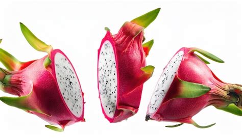 Airborne Slices Of Ripe Dragon Fruit Pitahaya On A White Background