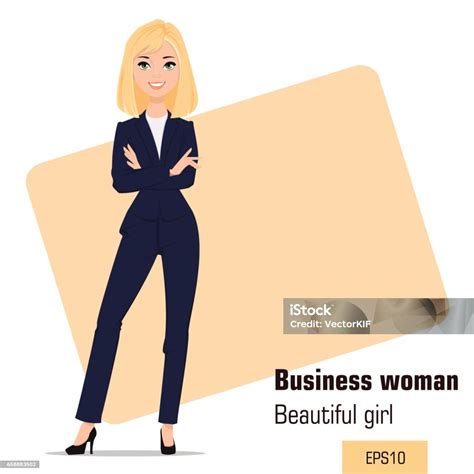 젊은 사업가 교차 손으로 서 만화 사무실에 아름 다운 금발 여자 옷 제시 사업 계획 시작 세련 된 현대 여자입니다 벡터 일러스트입니다 Eps10 금발 머리에 대한 스톡 벡터
