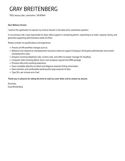 Data Entry Coordinator Cover Letter Velvet Jobs