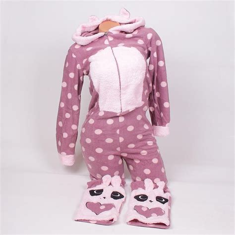 Пастелно виолетова поларена дамска пижама гащеризон с точки и зайче Fashion Robe