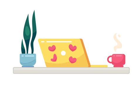 아늑한 직장 세미 플랫 컬러 벡터 객체 노트북 관엽식물 및 커피 컵 홈 오피스 흰색 배경에 있는 편집 가능한 만화 클립 아트