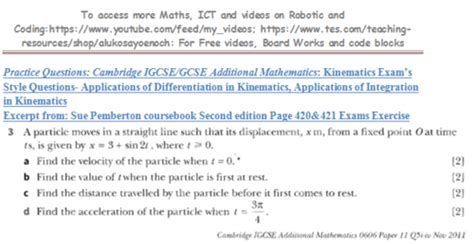 Kinematics Add Maths 0606 Gcseigcse Ap Ib Hl Exam Style Questions