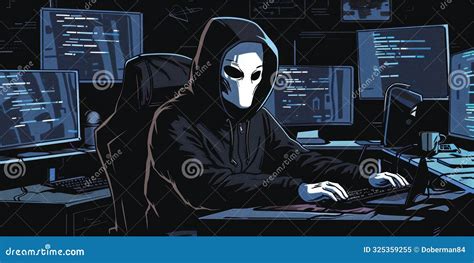 Hacker Wearing Black Hoodie And White Mask Typing On A Keyboard In A Dimly Lit Room Stock Image