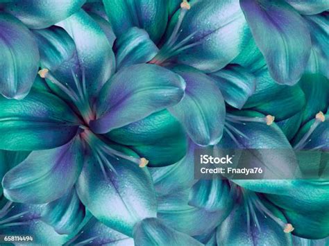 릴리 청록색 파란 꽃입니다 밝은 청록색 배경 꽃 콜라주입니다 꽃 구성입니다 자연입니다 가을에 대한 스톡 사진 및 기타 이미지