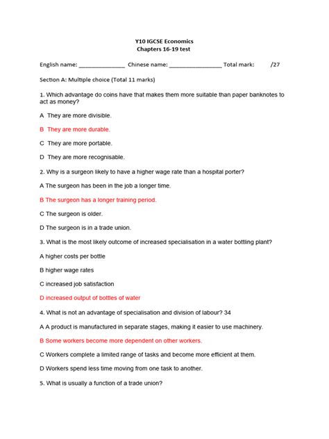 Y10 Igcse Economics Test 4 Ans Class 5 Pdf Taxes Income