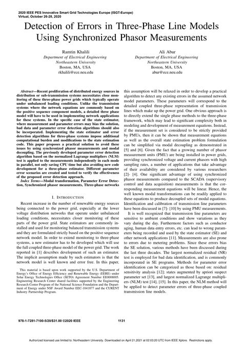 Pdf Detection Of Errors In Three Phase Line Models Using Synchronized Phasor Measurements
