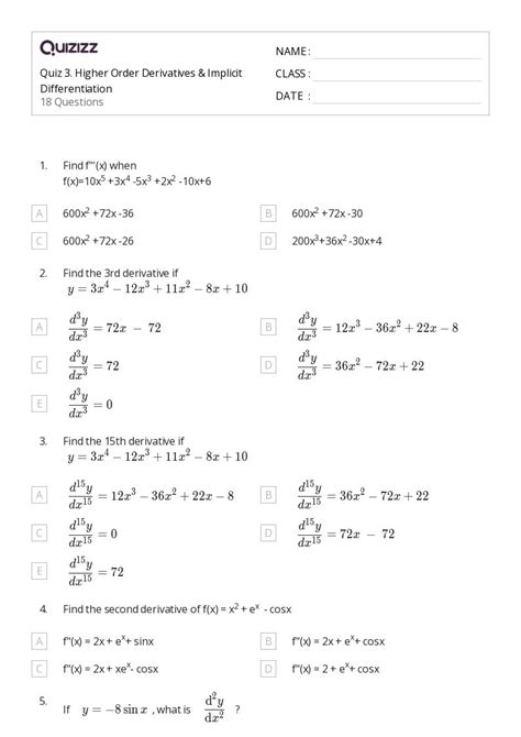 50 Derivatives Worksheets For 10th Year On Quizizz Free And Printable