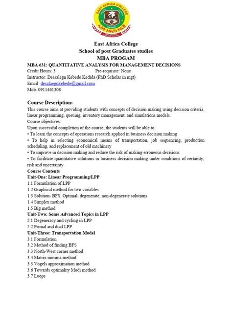 Quantitative Analysis Course Out Line For Merge Pdf Linear Programming Algorithms