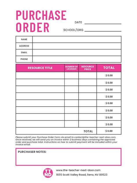 Purchase Order Form The Teacher Next Door