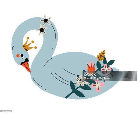 아름 다운 백조 공주 와 황금 왕관 사랑스러운 동화 새 와 꽃 벡터 일러스트 공주에 대한 스톡 벡터 아트 및 기타 이미지