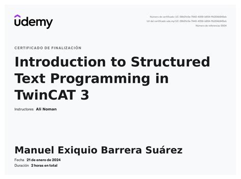 My Course Completion Certificate For Introduction To Structured Text Programming In Twincat 3