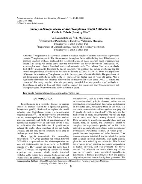 Pdf Survey On Seroprevalence Of Anti Toxoplasma Gondii Antibodies In Cattle In Tabriz Iran
