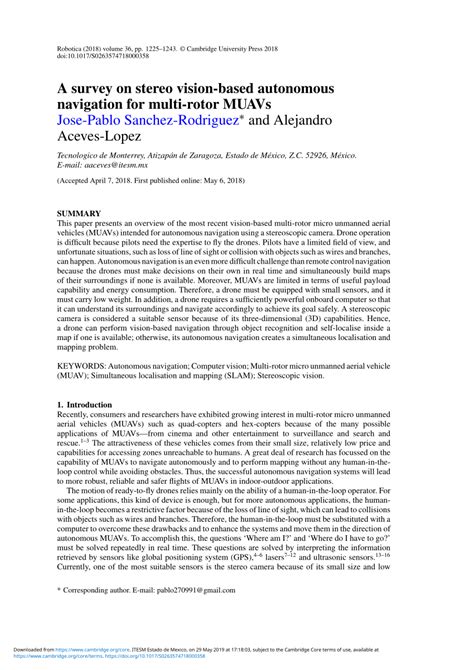 Pdf A Survey On Stereo Vision Based Autonomous Navigation For Multi Rotor Muavs