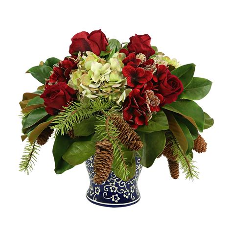 Hydrangea And Rose Holiday Arrangement In A Decorative Ceramic Vase