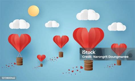 종이 접기는 하늘에 하트 플로트 사랑과 발렌타인 데이의 일러스트 벡터 종이 예술과 공예 스타일의 일러스트와 하늘에 비행 열기구를했다 공예에 대한 스톡 벡터 아트 및 기타
