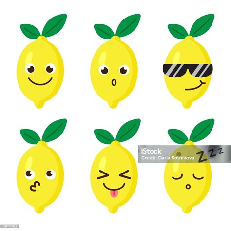 레몬 이모티콘 세트 가와이이 스타일의 아이콘 과일 캐릭터 만화 플랫 스타일의 벡터 일러스트레이션 재미있는 미소 또는 이모티콘 세트 좋은 영양과 채식주의 자 개념 아이들을위한
