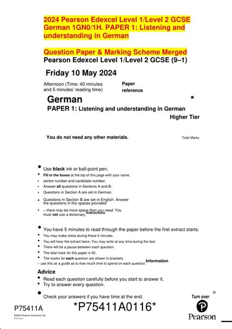 2024 Pearson Edexcel Level 1 Level 2 Gcse German 1gn0 1h Paper 1 Listening And Understanding