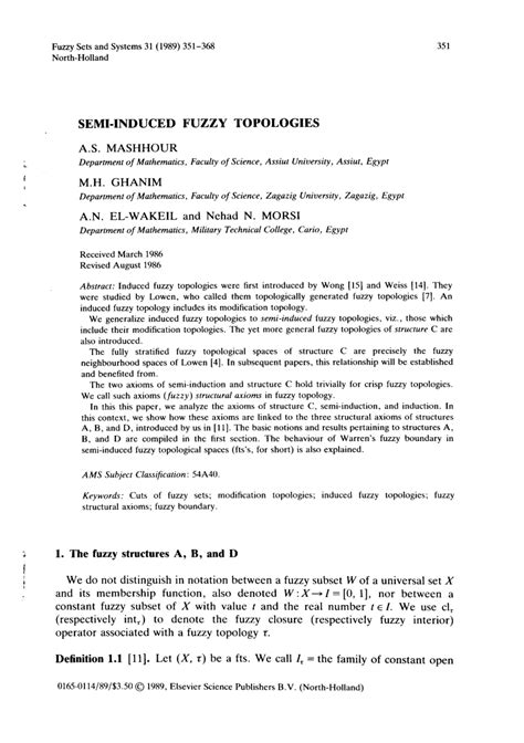 Pdf Semi Induced Fuzzy Topologies