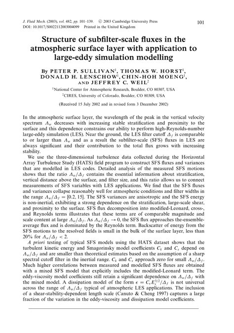 Pdf Structure Of Subfilter Scale Fluxes In The Atmospheric Surface Layer With Application To