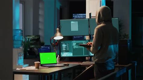 Male Hacker Using Greenscreen To Break Into It Server Technology Stock