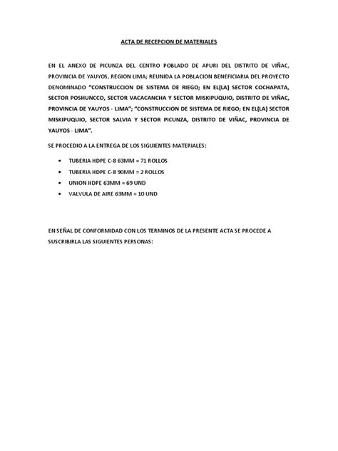 Acta De Recepcion De Materiales Pdf