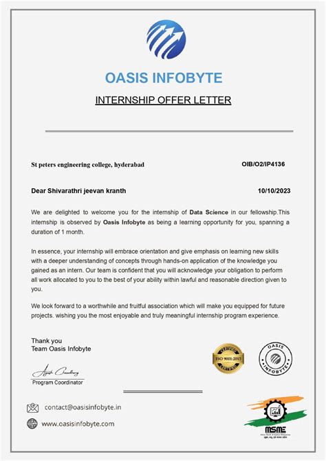 Jeevan Kranth On Linkedin Oasisinfobyte Datascience Internship Offerletter