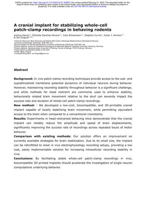PDF A Cranial Implant For Stabilizing Whole Cell Patch Clamp