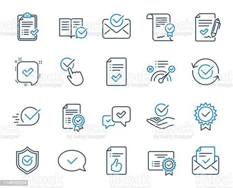 선 아이콘을 승인 합니다 체크 리스트 인증서 및 수상 메달의 집합입니다 벡터 0명에 대한 스톡 벡터 아트 및 기타 이미지 0