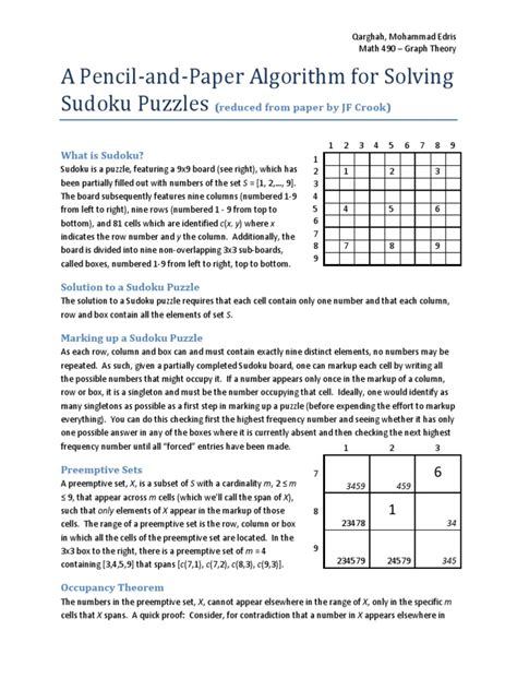 A Pencil And Paper Algorithm For Solving Sudoku Puzzles Reduced From Paper By Jf Crook Pdf