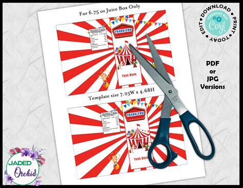 Circus Juice Wrapper Printable Circus Birthday Juice Box Etsy