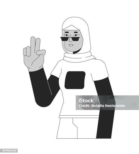 승리 흑백 2d 라인 만화 캐릭터를 보여주는 세련된 무슬림 여성 2차 도형에 대한 스톡 벡터 아트 및 기타 이미지 2차 도형 단정한 의류 드로잉 Istock